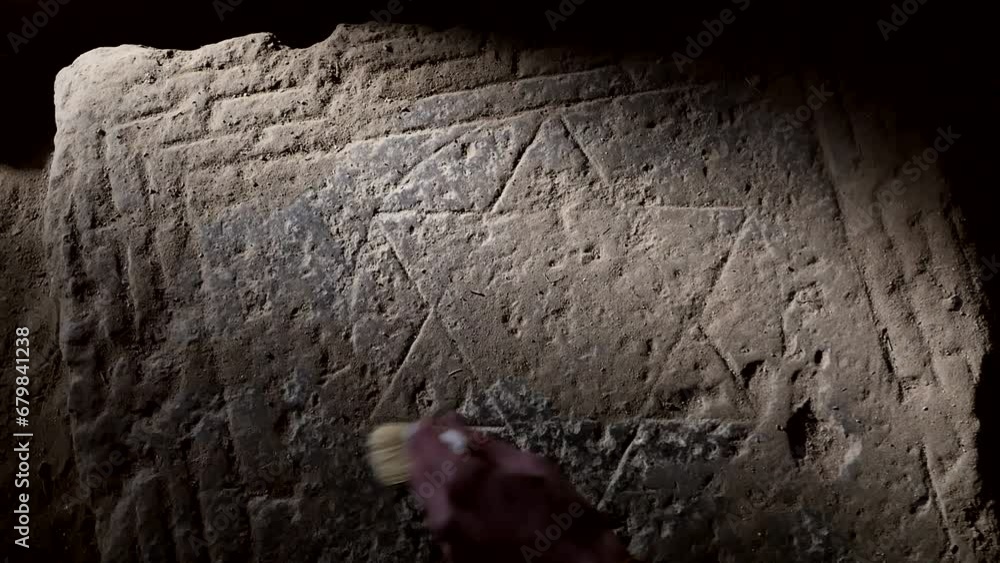Top view hand of an archaeologist uses a brush to remove a layer of ...