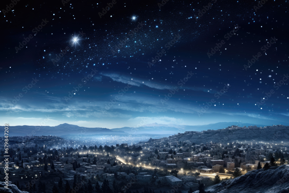 Christmas star over city of Bethlehem. Nativity story. Birth of Jesus ...