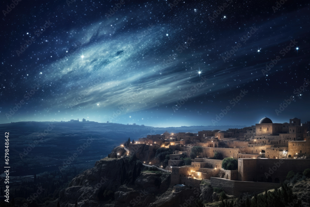 Christmas star over city of Bethlehem. Nativity story. Birth of Jesus ...