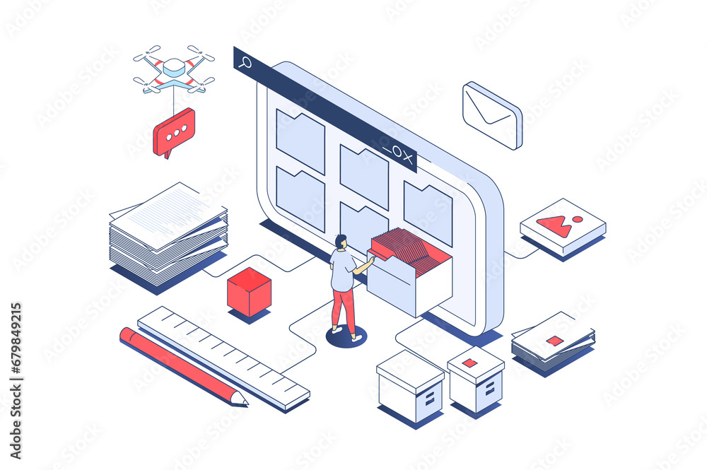 Electronic organization files concept in 3d isometric design. Man ...