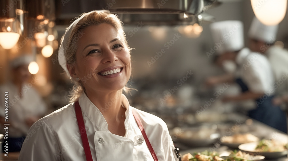Smiling caucasian adult woman chef in her restaurant, women owned ...