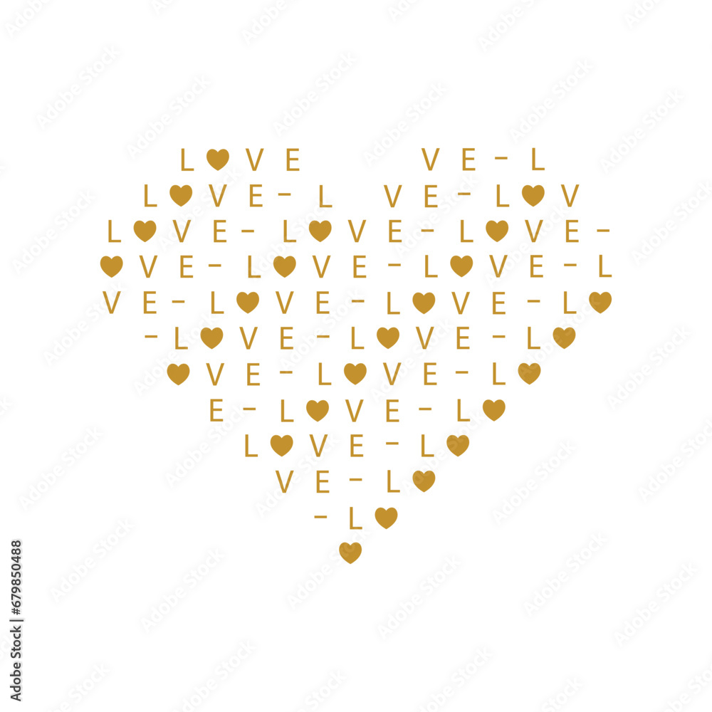 Heart shape with words love. Gold letters, hearts on white background ...
