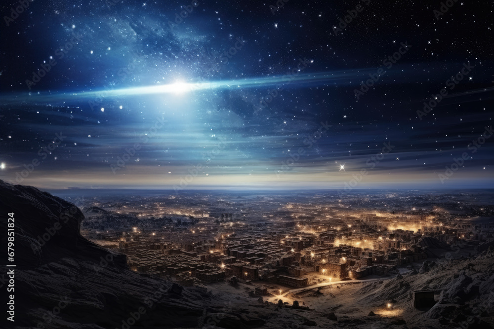 Christmas star over city of Bethlehem. Nativity story. Birth of Jesus ...