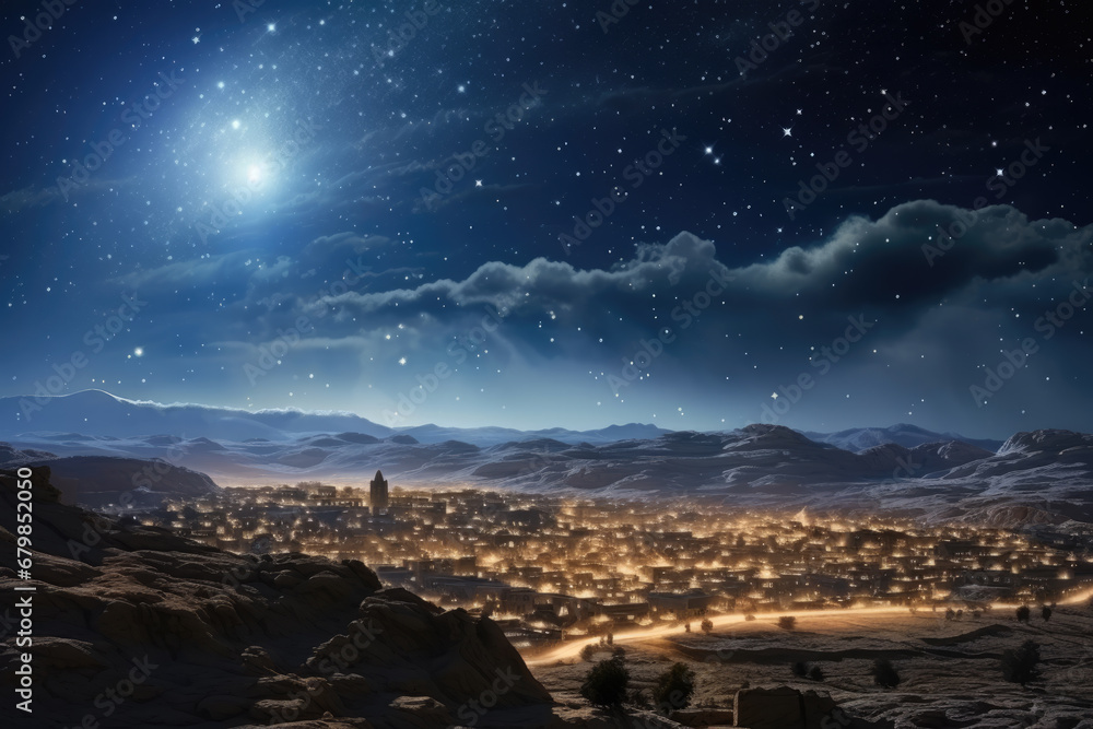 Christmas star over city of Bethlehem. Nativity story. Birth of Jesus ...