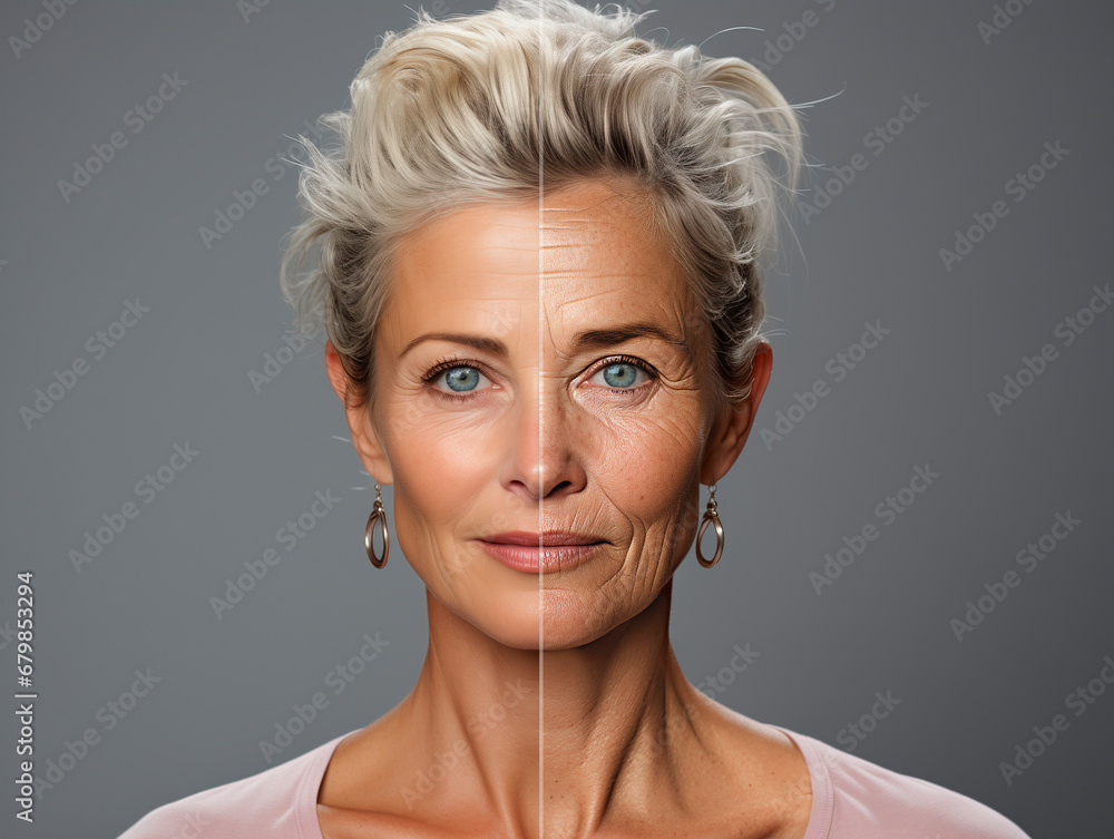 Front portrait of mature woman. Half of the face with well-kept and ...