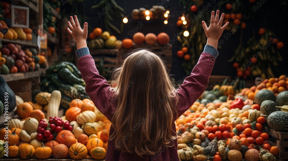 Back View of a Small Child Reaching Up Toward a Bountiful Display of ...