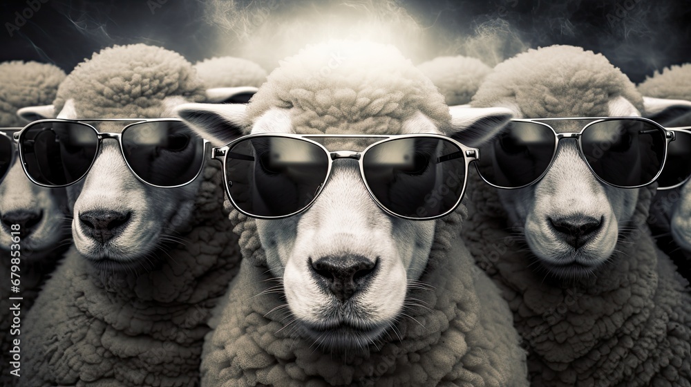 Sheep with glasses. Close-up portrait of a sheep. An anthopomorphic ...