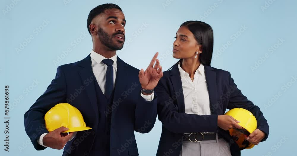 Architect team, conversation and planning in meeting, engineering and ...