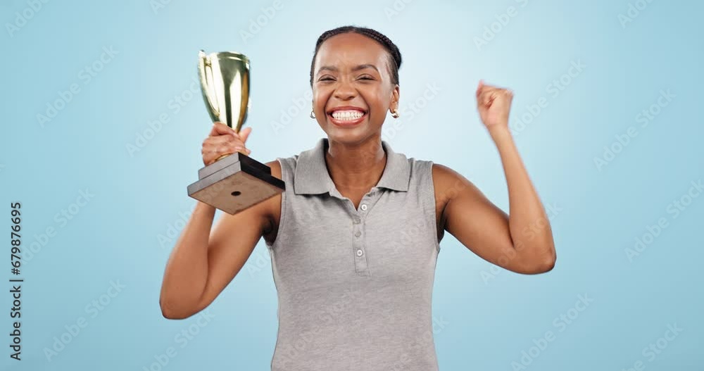 Happy black woman, trophy and fist pump in celebration or winning ...