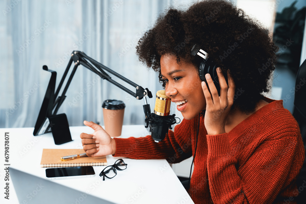 Host channel of beautiful African woman influencer talking with new ...