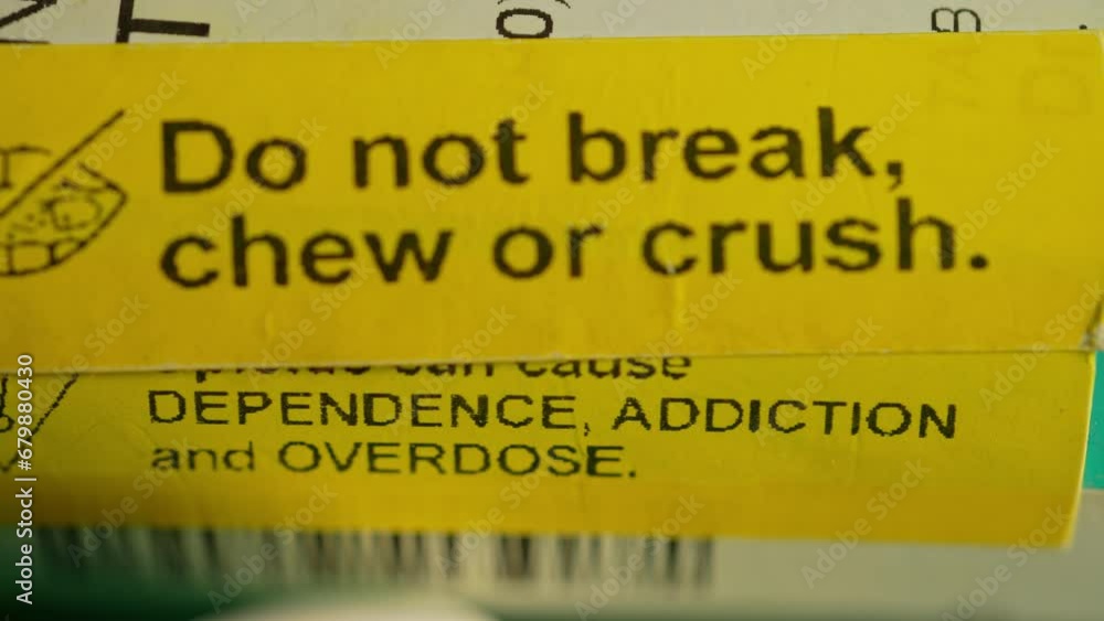 Prescription bottle with sticker text, Do not break, chew or crush ...