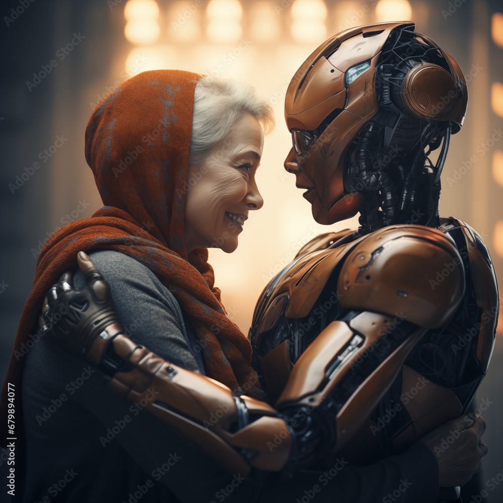 Retired Ageing Woman Hugging her Android Companion Friend Smiling ...