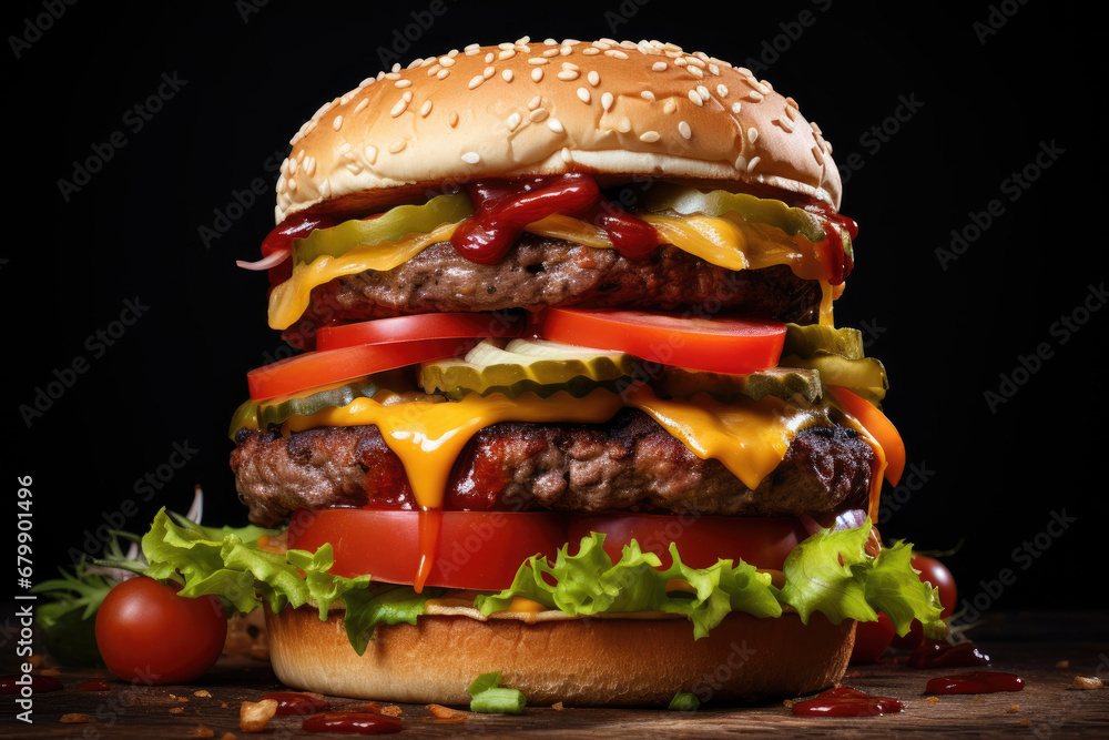 Food photography of an unhealthy burger with greasy and tempting ...