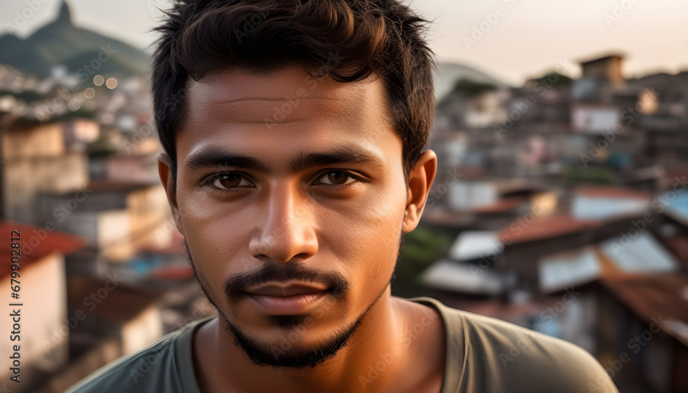 A detailed close-up portrait of a Brazilian man on a favela rooftop ...