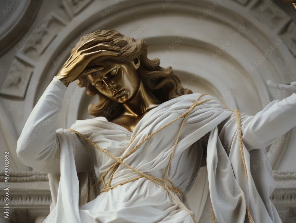 A closeup of a white marble statue in a majestic, cinematic setting ...