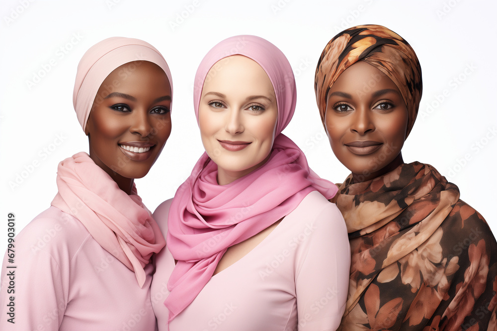 3 bald women. One black, one white and one trans With different colored ...