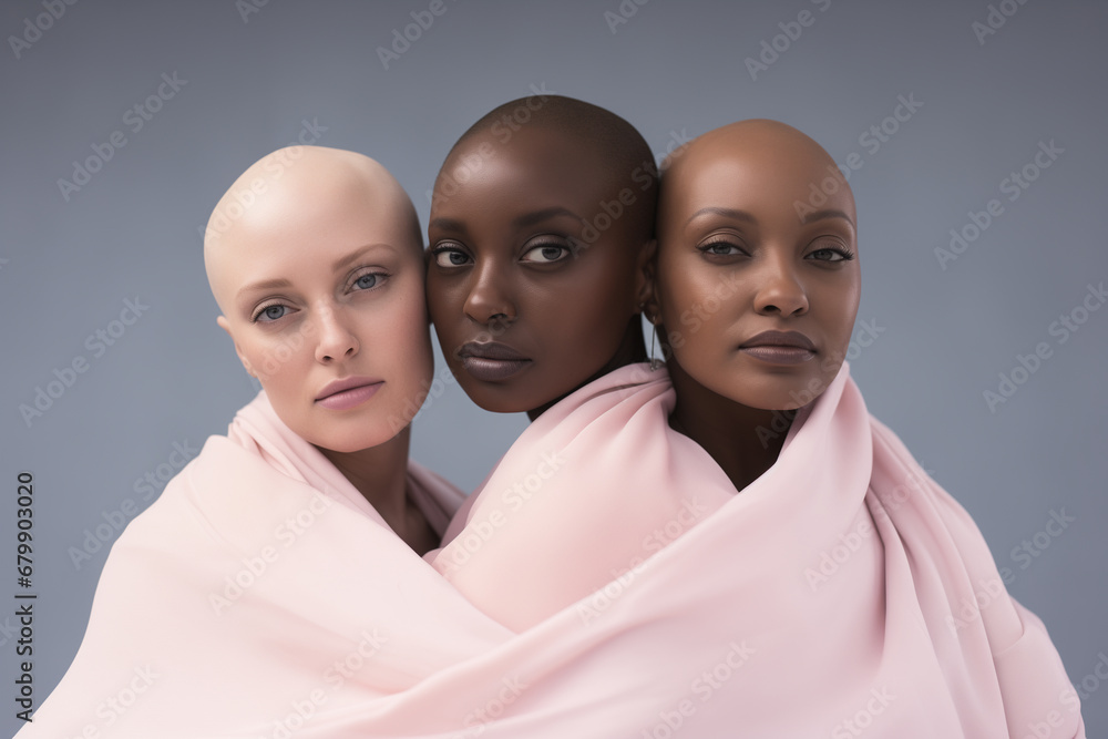 3 bald women. One black, one white and one trans With different colored ...