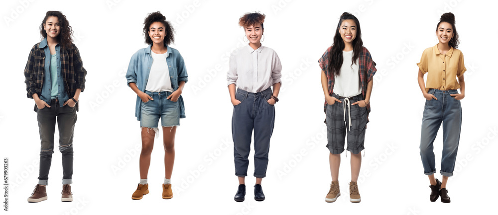 Set of Portrait of young woman happy smiling joyfully standing posing ...