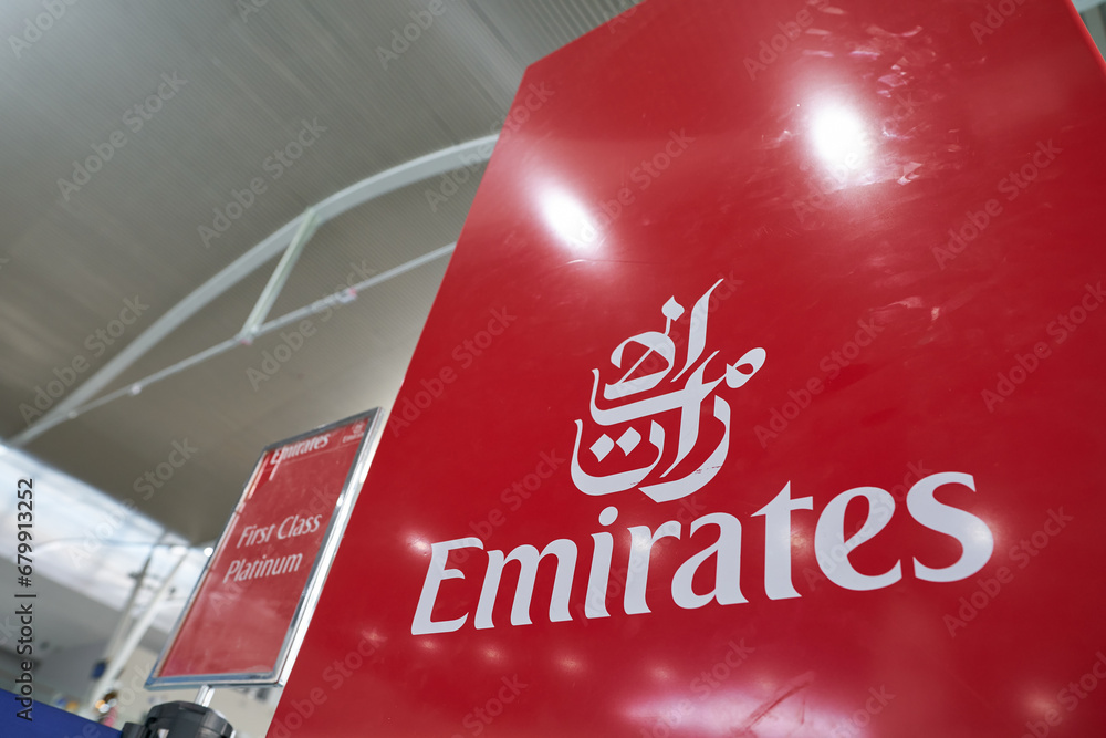 PHUKET, THAILAND - MAY 09, 2023: close up shot of Emirates sign as seen ...