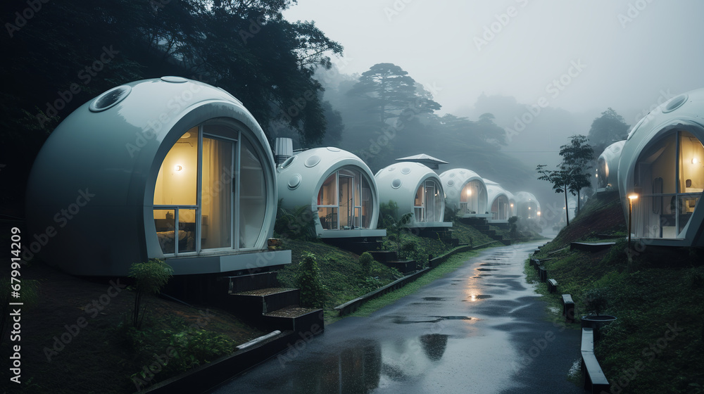 Futuristic town with flying houses inspired by UFO design, on a misty ...