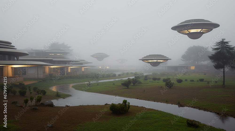 Futuristic town with flying houses inspired by UFO design, on a misty ...