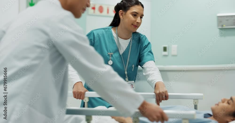 Doctors, people talking and push patient hospital bed, consulting and ...