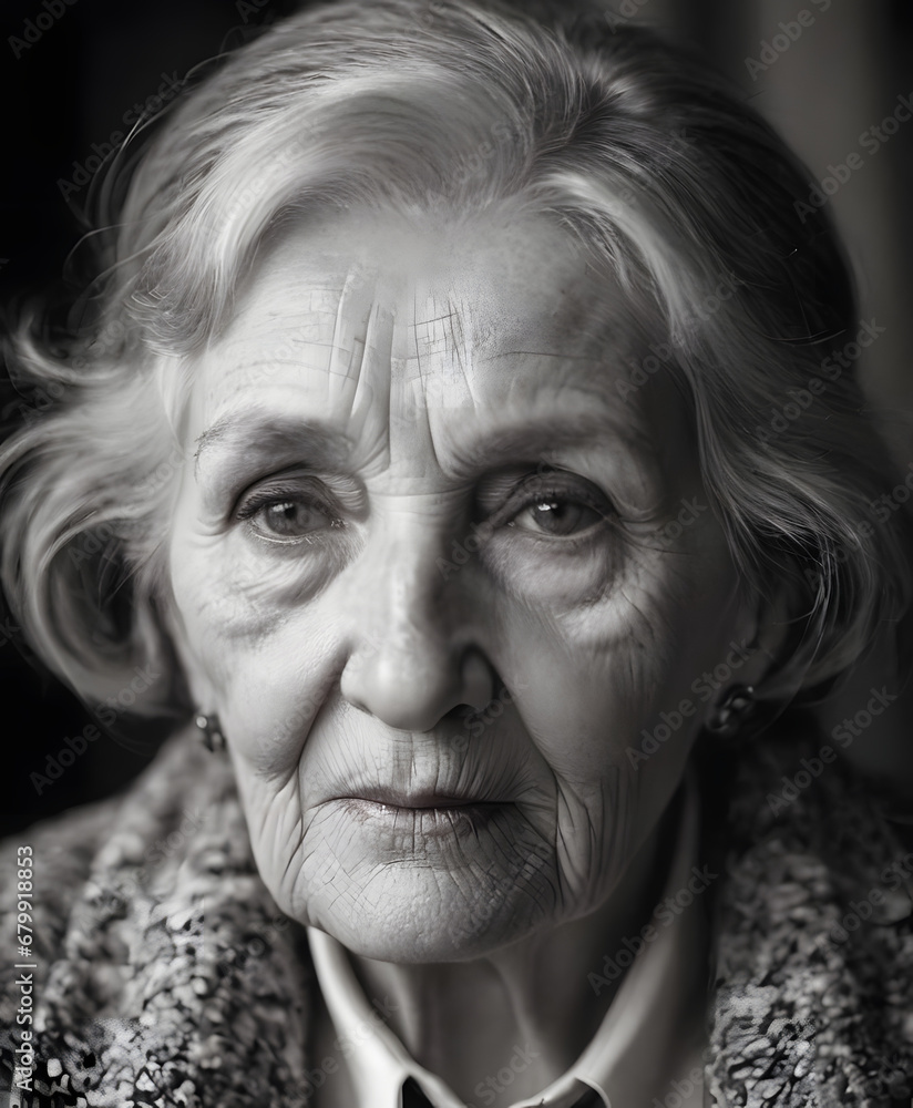 Portrait of a contemplative elderly woman with visible signs of aging ...
