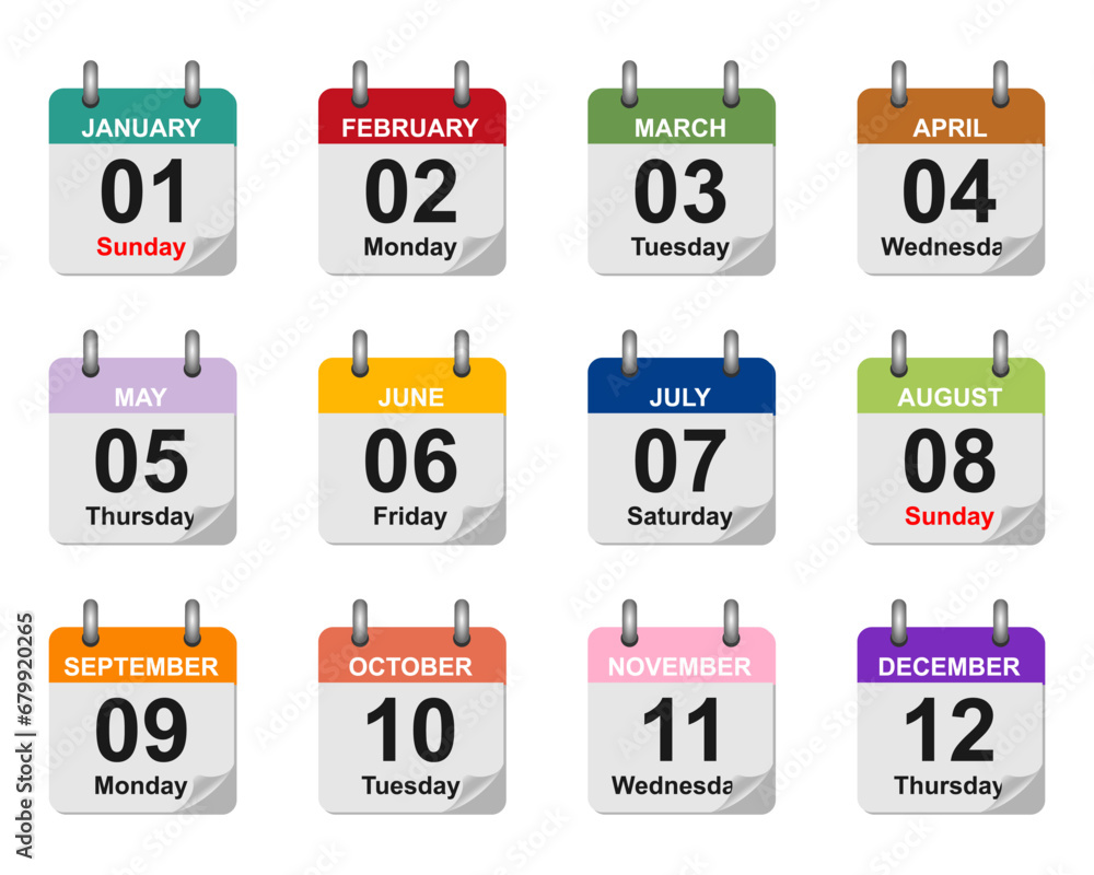 vector calendar icons set. twelve months with names, day and serial ...