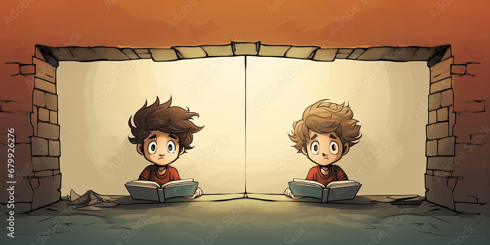 Boys reading together cartoon anime style reading books learning School ...