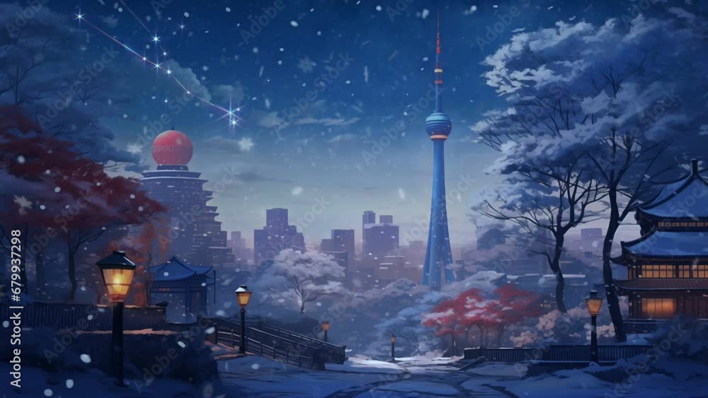Witnessa winter wonderland with softly falling snow in an anime ...