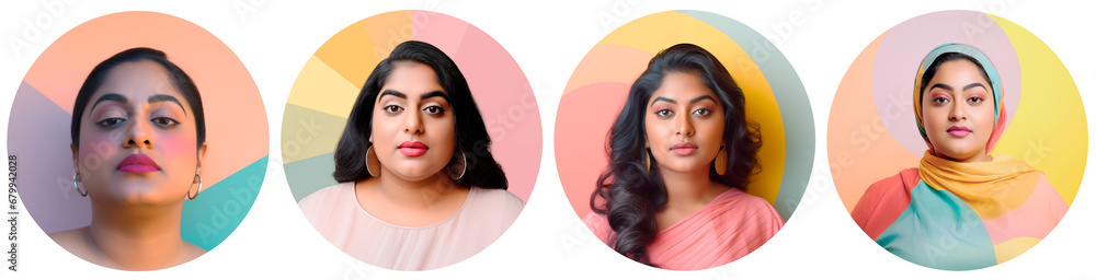 Collage of portraits of Indian modern plus size women. Set of plump ...