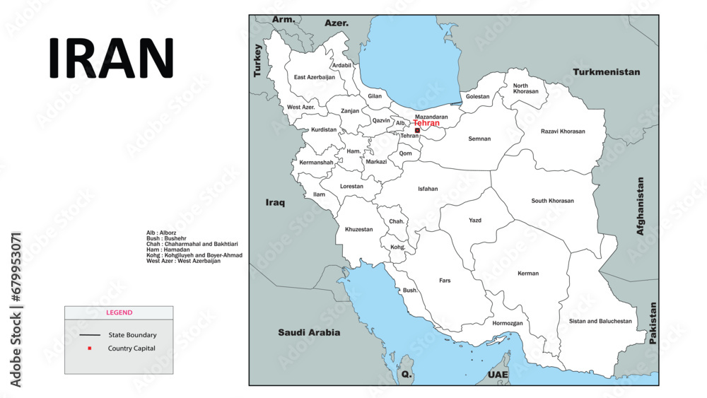 Iran Map. Iran Political Map with capital Tehran, national borders ...