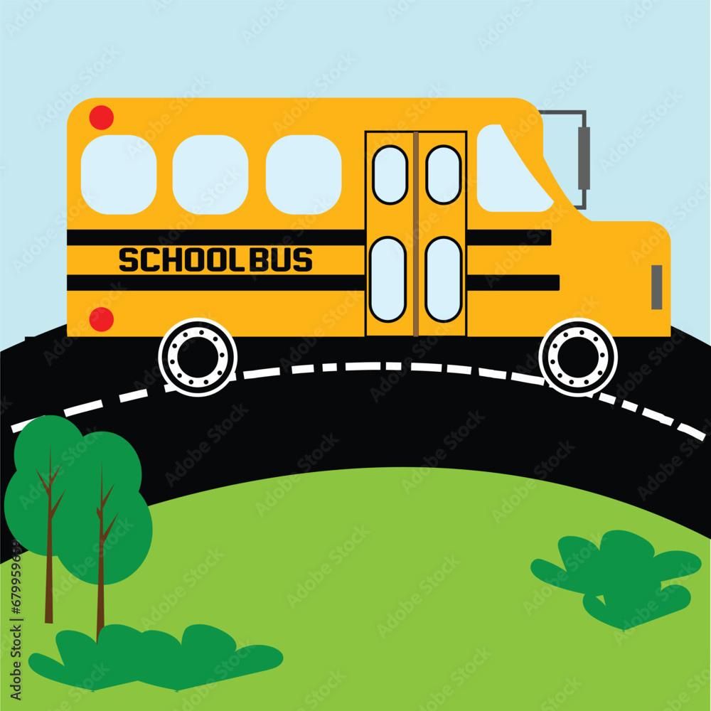 Back to school at school bus concept background. Cartoon illustration ...