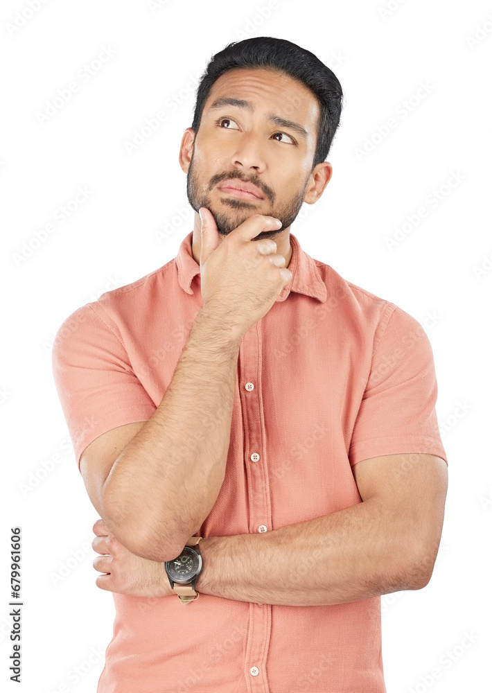 Face, asian man and thinking of idea for planning, decision or ...