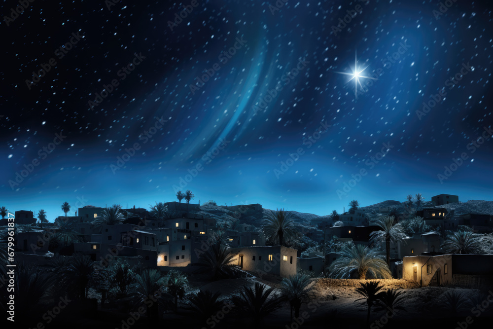 Christmas star over city of Bethlehem. Nativity story. Birth of Jesus ...