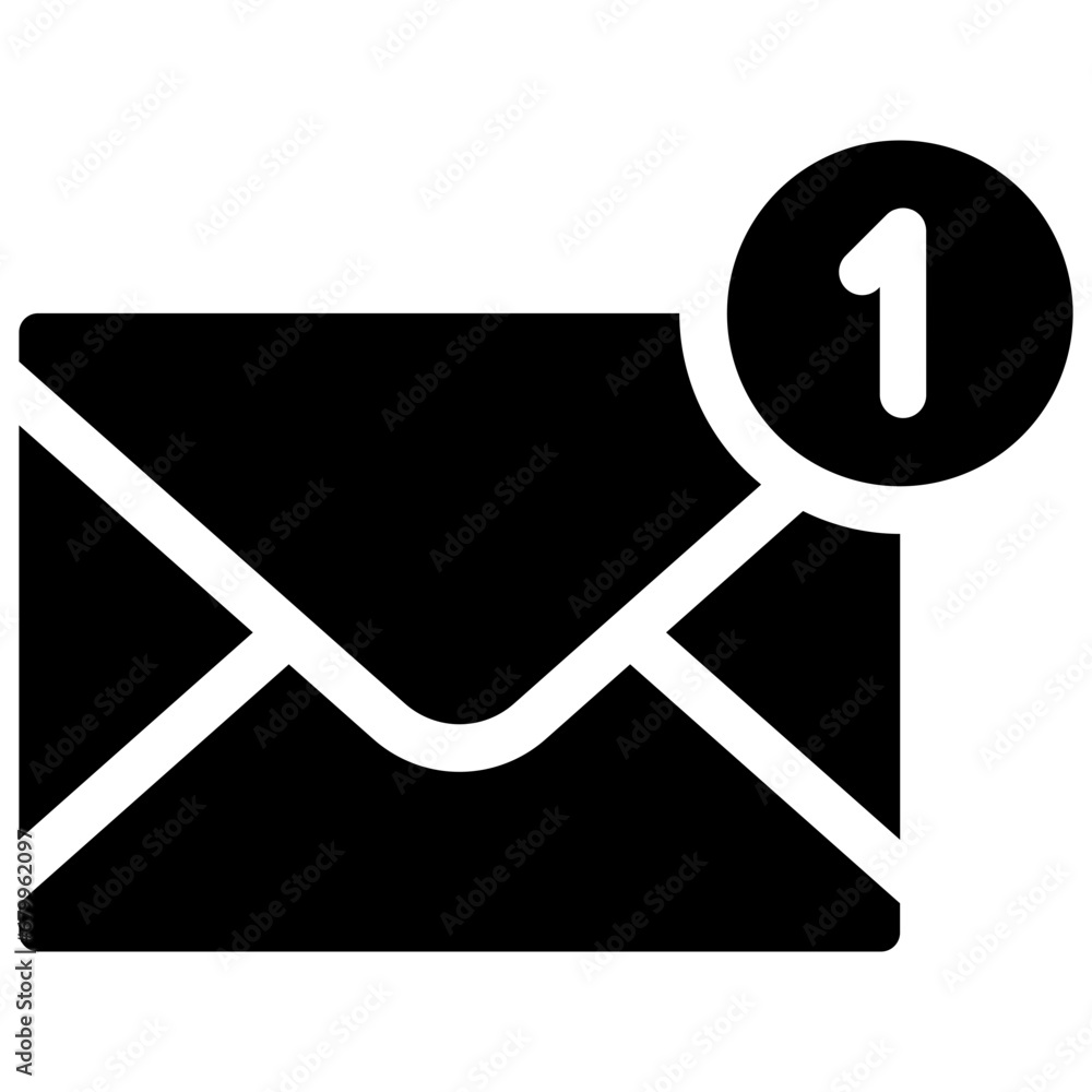 Black single new email notification icon, simple one incoming mail flat ...