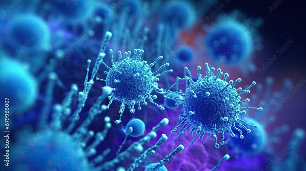 Macro close up shot of blue bacteria and virus cells in a scientific ...