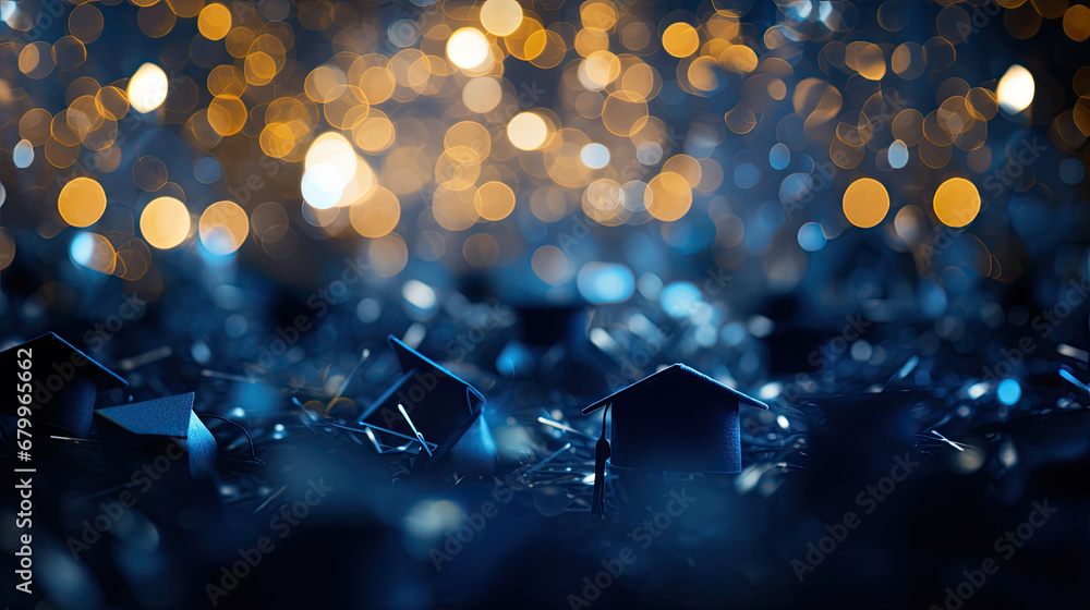 Graduation celebration background with dark blue and gold blur bokeh ...