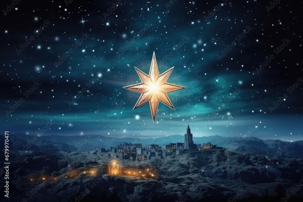 Christmas night. Comet star in night starry sky of Bethlehem. Nativity ...