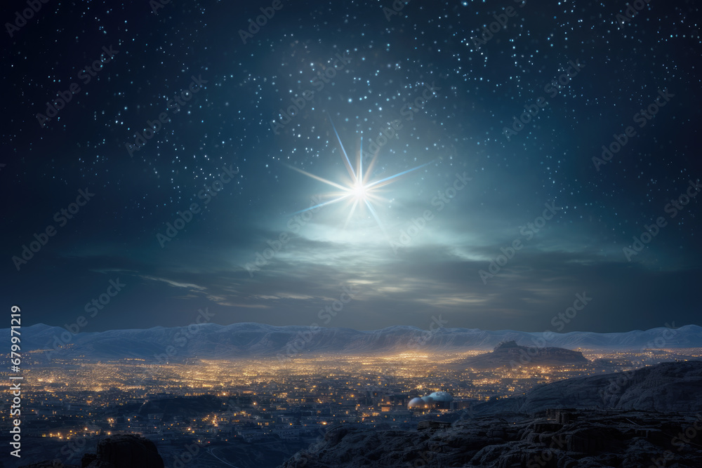 Christmas night. Comet star in night starry sky of Bethlehem. Nativity ...