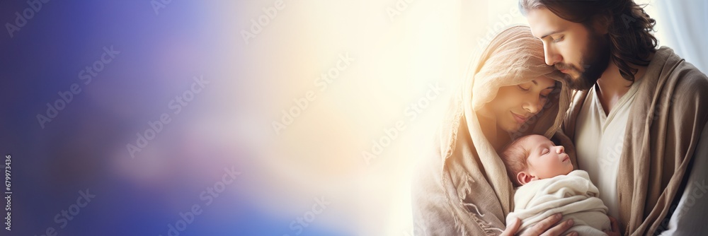 Nativity scene with Mary, Joseph and newborn baby Jesus. Christian ...