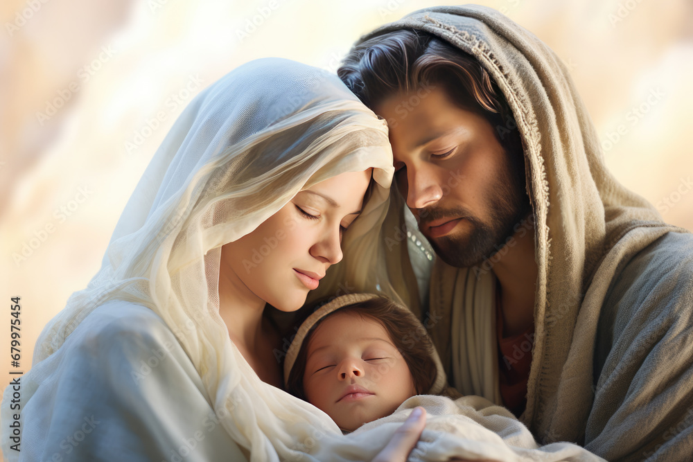 Nativity story - Joseph, Mary and newborn baby Jesus Christ. Christian ...