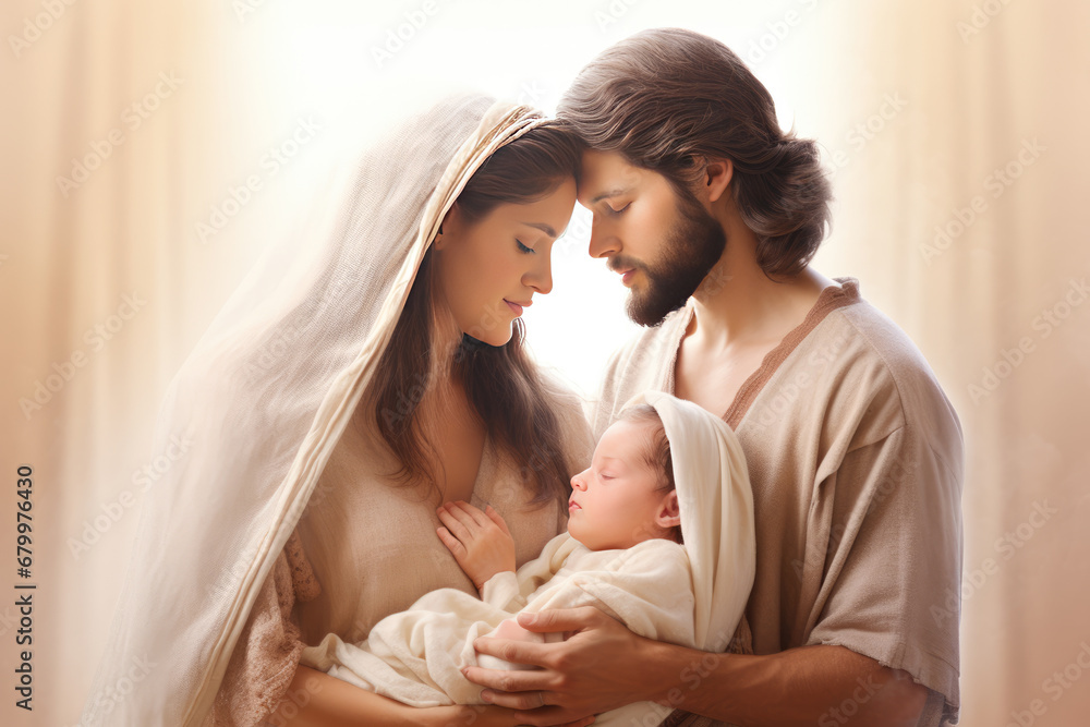 Nativity story - Joseph, Mary and newborn baby Jesus Christ. Christian ...