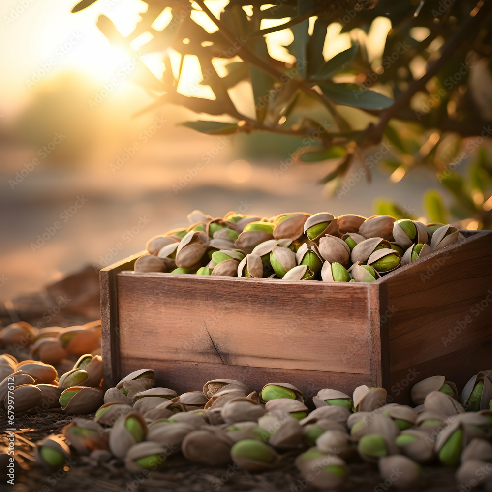Pistachio nuts harvested in a wooden box in a plantation with sunset ...