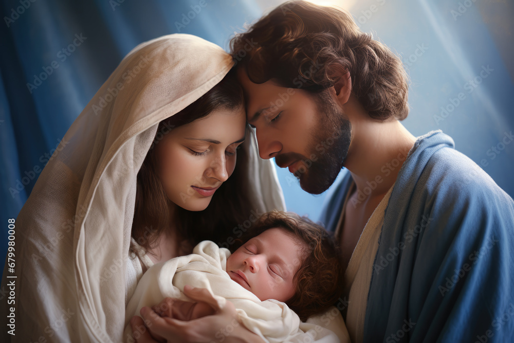 Nativity scene with Mary, Joseph and newborn baby Jesus. Christian ...