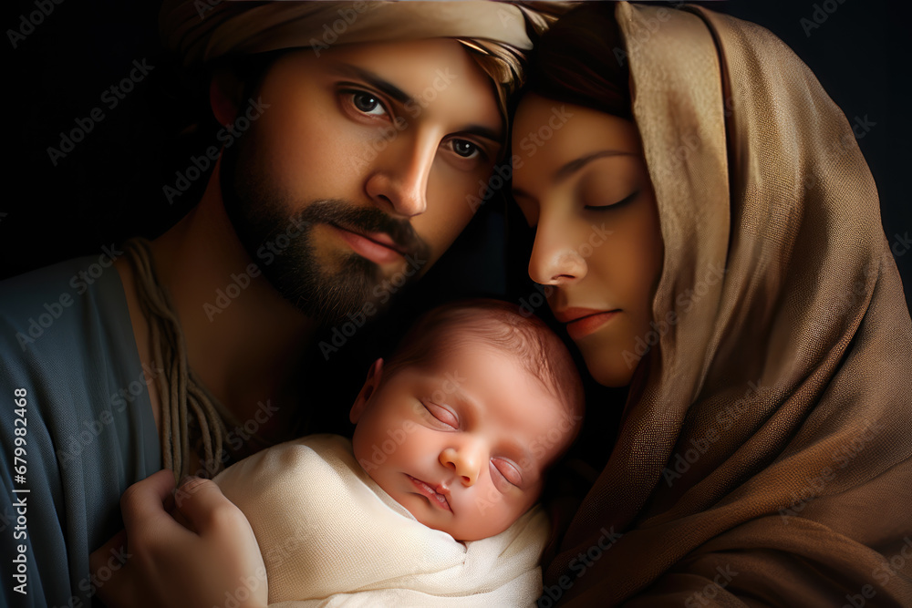 Nativity story - Joseph, Mary and newborn baby Jesus Christ. Christian ...