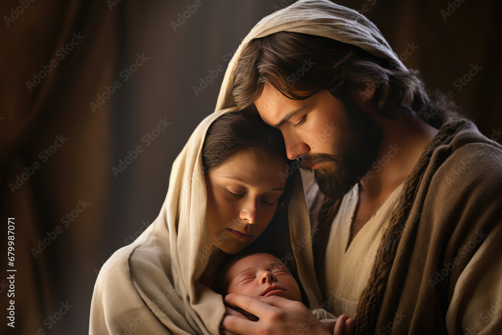 Nativity scene with Mary, Joseph and newborn baby Jesus. Christian ...