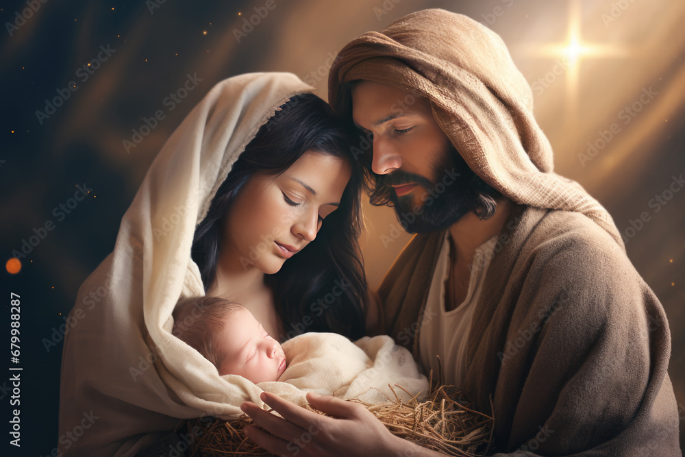 Nativity scene with Mary, Joseph and newborn baby Jesus. Christian ...