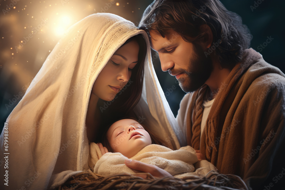 Nativity story - Joseph, Mary and newborn baby Jesus Christ. Christian ...