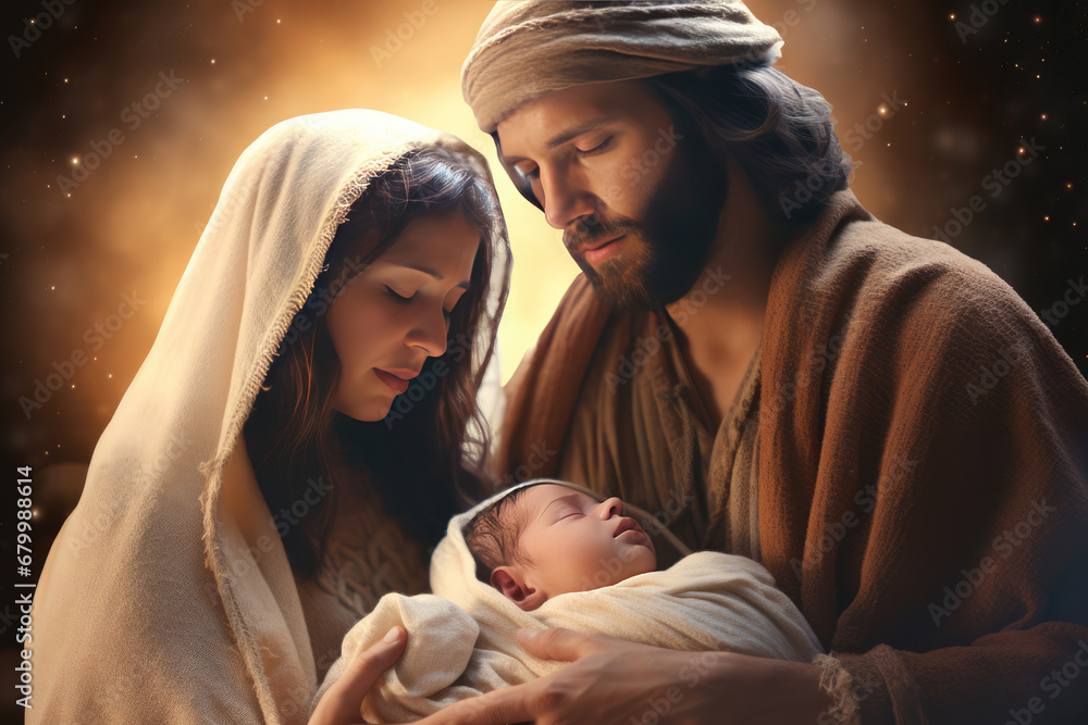 Nativity story - Joseph, Mary and newborn baby Jesus Christ. Christian ...